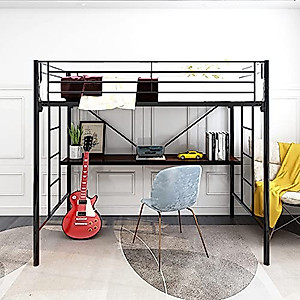 HAHRIR Metal ​Loft Bed Multifunctional Modern Loft Bed ,with Desk and with Length Guardrails Twin Size Black