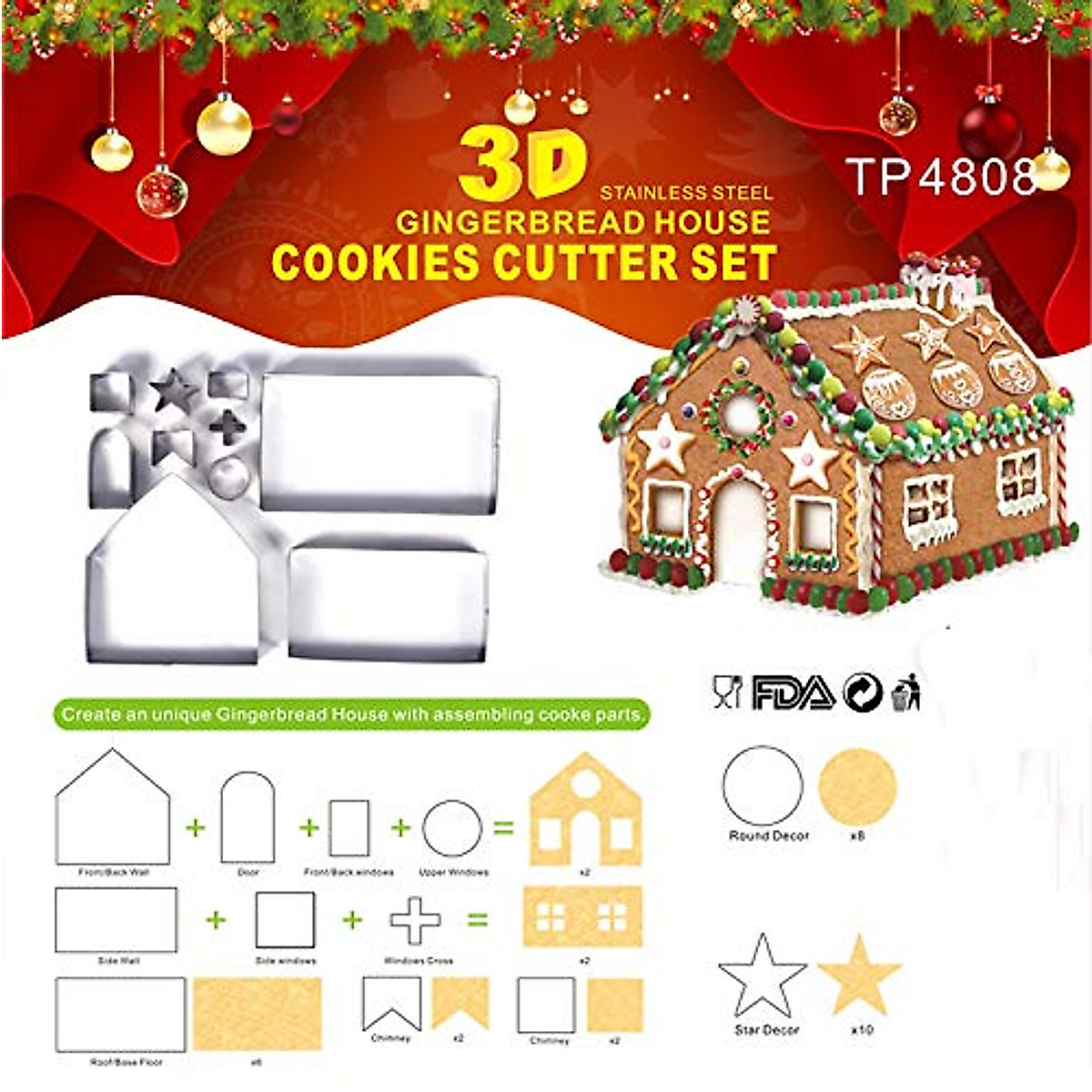 3D Christmas House Cookie Cutter Set, Gingerbread House Cutters Kit, Festive Xmas Stainless Steel Biscuit Cutter Set, Including Christmas Tree, Snowman, Reindeer, Sled Shapes, Gift Box Package(18pcs)