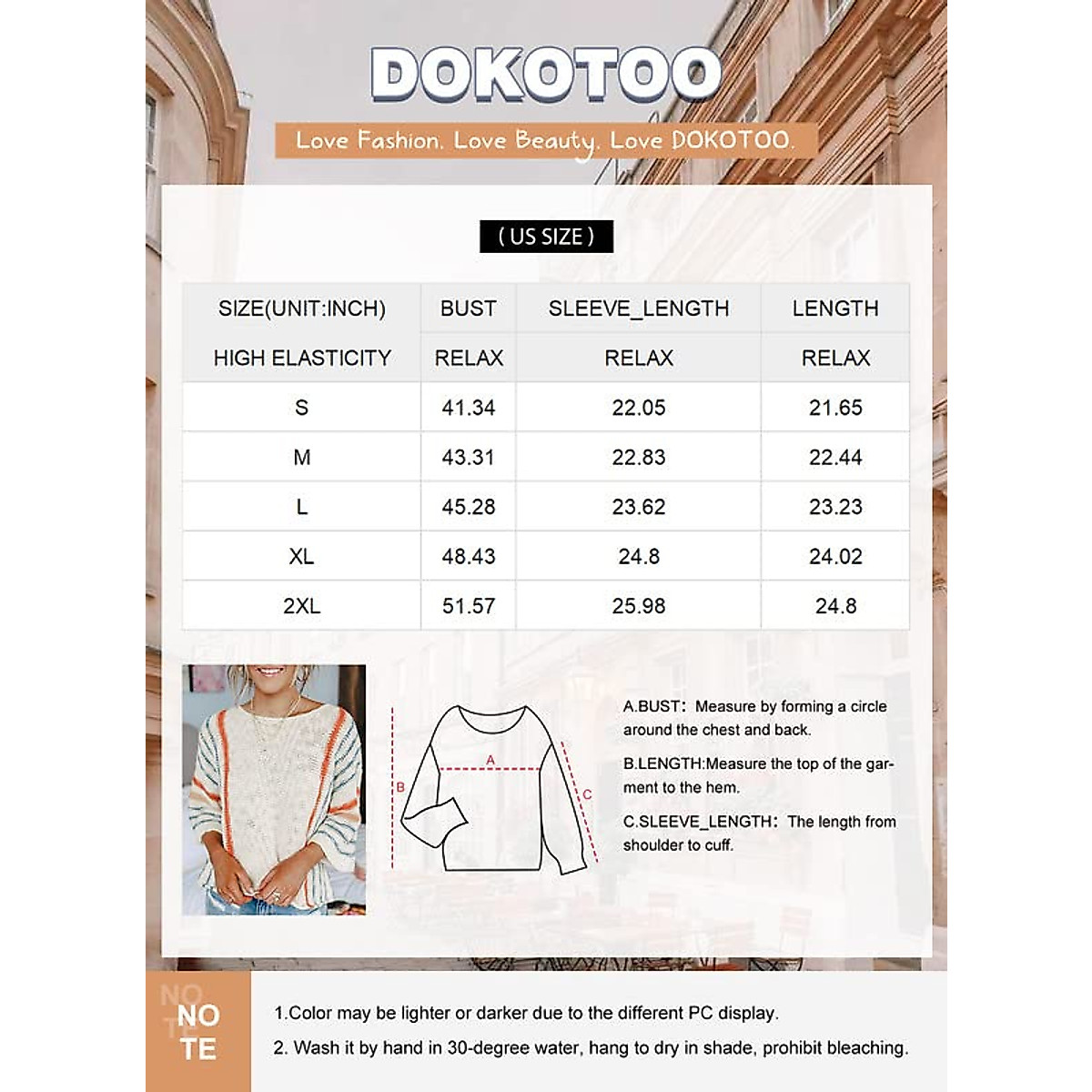 Dokotoo Womens Ladies Cute Casual Summer Fall 2023 Crewneck Color Block Striped Wide Bell 3/4 Sleeve Oversized Baggy Lightweight Comfy Cozy Cable Knit Beach Pullover Sweaters for Women Tops Shirts XL