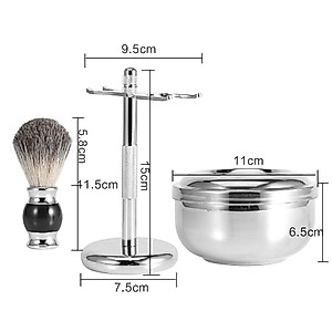 Birsppy Shaving Set, 3Pcs Faux Badger Hair Shaving Brush Resin & Metal Handle + Professional Men Shaving Tool Stand Holder + Alloy Soap Mug Bowl Kit, Perfect for Men Gift