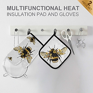 Aflyko Bee Daisy Flower Oven Mitt Pot Holder Gift Set Heat Resistant Cooking Glove Kitchen Potholder for BBQ Baking