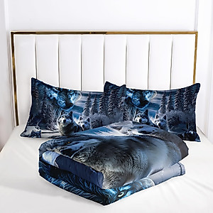 AILONEN Boys Bedding Set Wolf Printed Comforter Set,Snow Wolf Comforter Sets Queen Size,Animals Wolf Duvet Set for Boys Adult Room Decor,3Pcs Safari Wolves Duvet Set, 1 Quilt and 2 Pillowcases