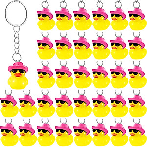 Siifert 36 Pcs Duck Keychain Bulk Cowboy Cowgirl Duck Party Favors Resin Tiny Duck Keychain with Cowboy Hat Sunglasses Charms Pendant for Kids Gift Halloween Birthday Baby Shower (Yellow,Rose Red)