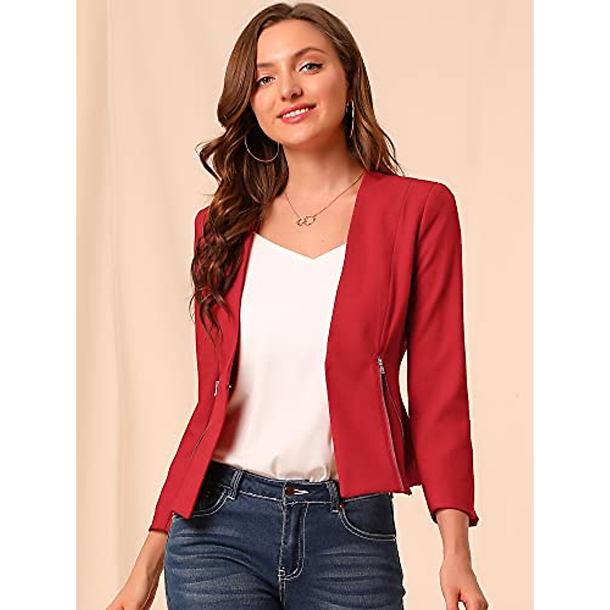 Allegra K Women's Work Office Open Front Zipper Collarless Cropped Blazer Large Red