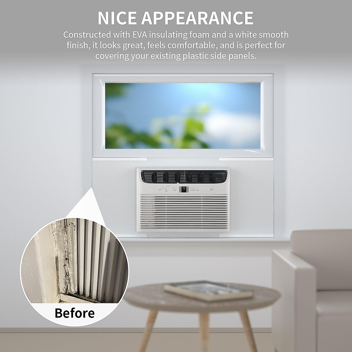 Window Air Conditioner, Side Insulated Foam Panel KT002WHITE, Summer/Winter Heat and Draft Insulation, One Piece Full Surround Insulation Panels Window Seal with 4 edging strips (WHITE)