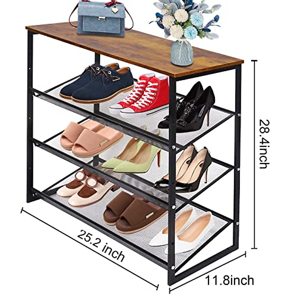 aboxoo 4-Tiers Shoes Rack Tilting Adjustable Freestanding Shoe Rack Large 9 Pairs 25.2 IN Storage Organization Brown Wood Metal For Entryways, Hallways, Closets, Dormitory Rooms, And Industries