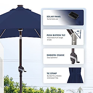 BLUU MAPLE 9 FT Outdoor Solar Patio Umbrella LED Table Umbrellas with 16 LED Strip Lights & Hub Light, Aluminum Frame, 3 YEARS Fade Resistance & UV Protection Fabric (Navy Blue)