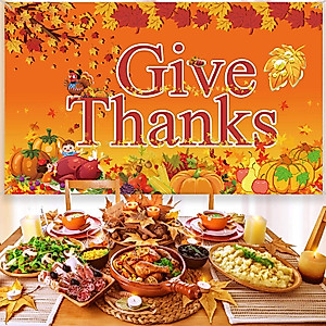 GIVE Thanks Extra Large Fabric Sign Poster Banner Backdrop for Thanksgiving Day Party Decorations with Pattern Pumpkin Maple Leaf Turkey Corn Fruit Welcome Autumn Hang Outdoor Indoor 43.3"x70.8"