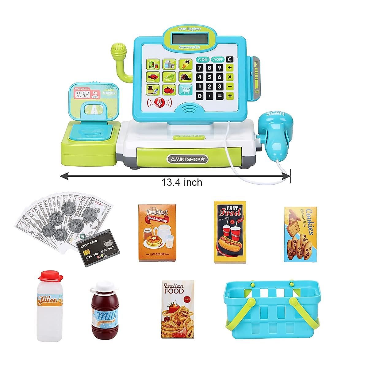 FS Pretend Play Calculator Cash Register Toy as Preschool Gift for Kids, Classic Count Toy with Sound, Microphone, Scanner, Pretend Credit Card, Play Food for Boys & Girls,45 Pieces, Ages 3 4 5 6 7