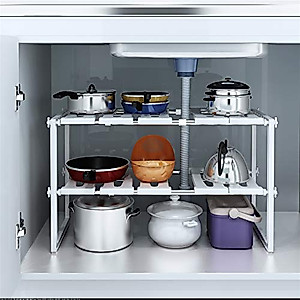 2-Tier Under Sink Organizers Storage Rack Extendable Kitchen Cabinet Shelf Organizer Rack Under Sink Shelf White;Length extendable from 15"to26"