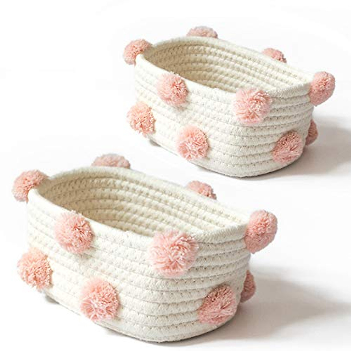 Ctzrzyt Quata Cotton Woven Storage Basket Cute Pompom Decor Sundries Finishing Box Cosmetic Toys Organizer Frame Pink S