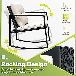 Devoko 3 Piece Rocking Bistro Set Wicker Patio Outdoor Furniture Porch Chairs Conversation Sets with Glass Coffee Table (Beige)