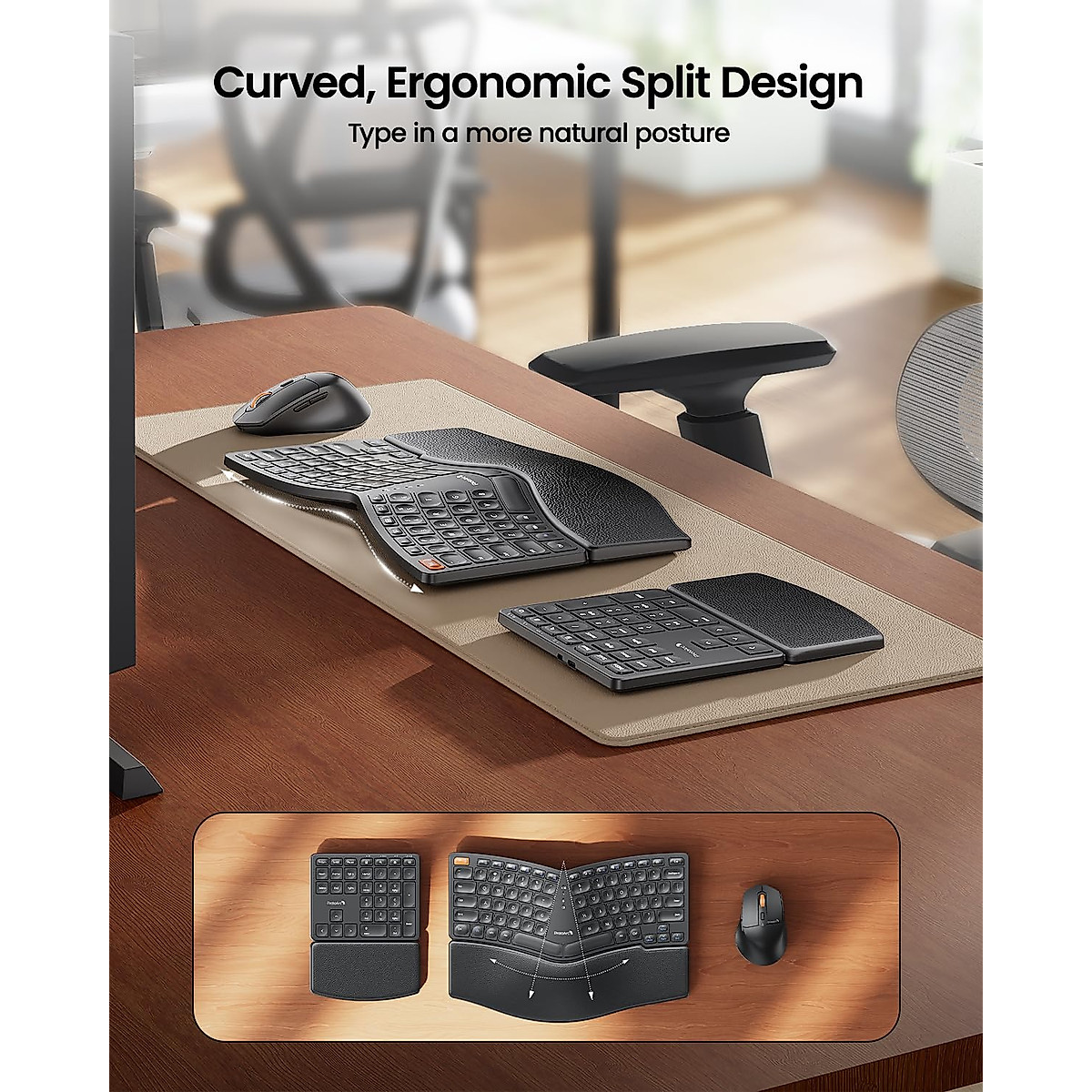 ProtoArc Ergonomic Keyboard Mouse, EKM04 2.4GHz Wireless Ergo Keyboard Mouse Combo, Separate Numeric Keypad, Split Design, Wrist Rest, Rechargeable, for Desktop, PC, Laptop, Windows