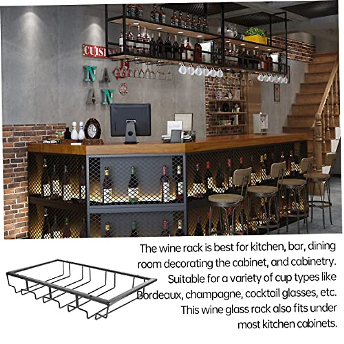 Eaarliyam Wine Glass Rack, Wine Glass Holder Under Cabinet Wine Glass Rack Hanging Glasses Shelf for Kitchen Bar Black