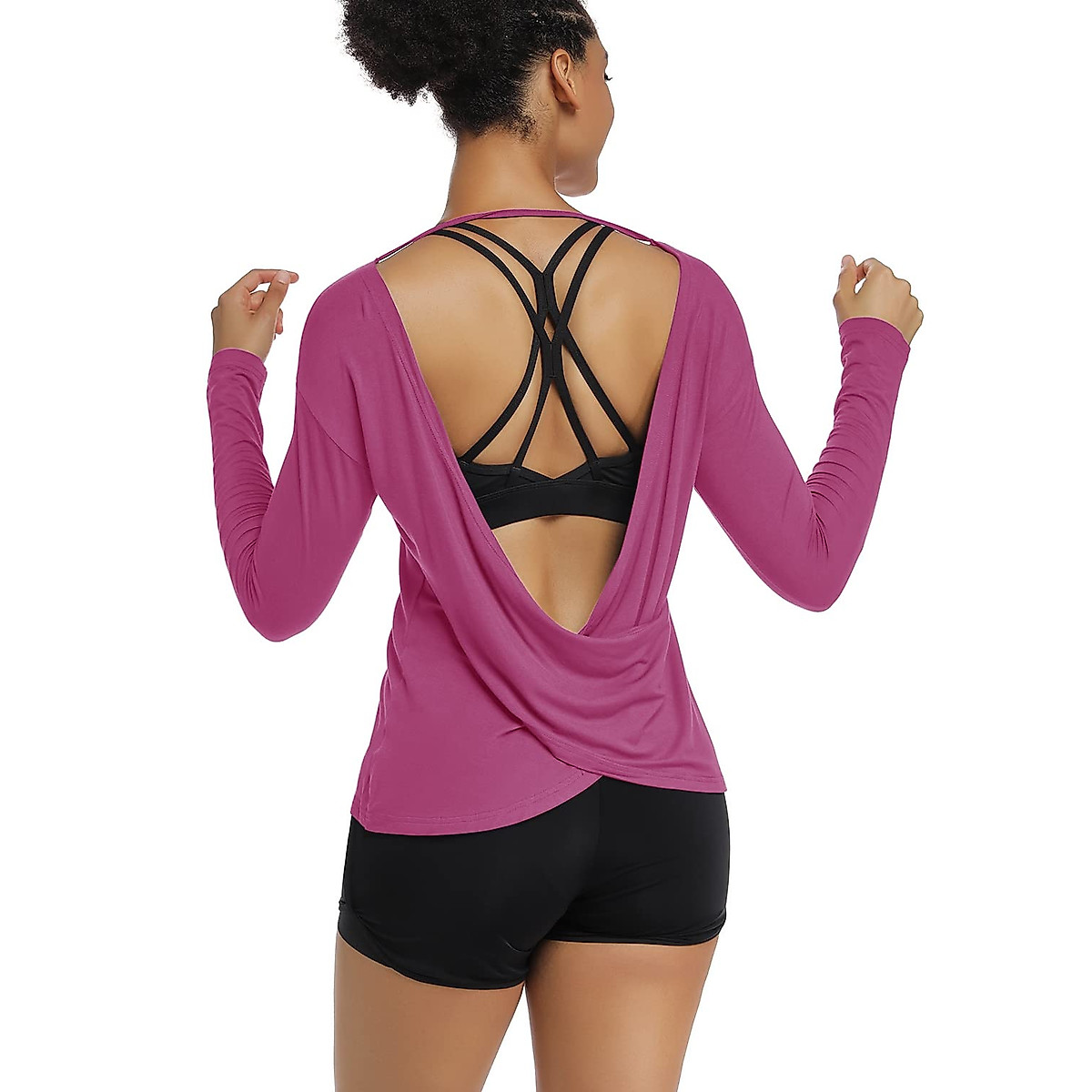 Muzniuer Women's Long Sleeve Yoga Shirts Workout Shirts Backless Cross Back Open Shirts Yoga Top Soft Fitness Shirts for Women Long Sleeve Running Shirts Rose Red M