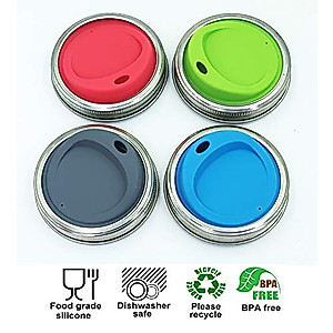 THINKCHANCES Reusable Food Grade BPA Free Silicone Sip Coffee Juice Drinking Lid Kit with Stainless Steel Rings for Mason, Ball, Canning Jars, Pack of 4 Sets (Regular Mouth,Oval Drinking Hole)