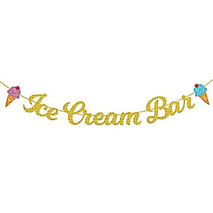 Ice Cream Bar Gold Glitter Banner Sign Garland Pre-strung for Ice Cream Themed Birthday Party Baby Shower Decorations