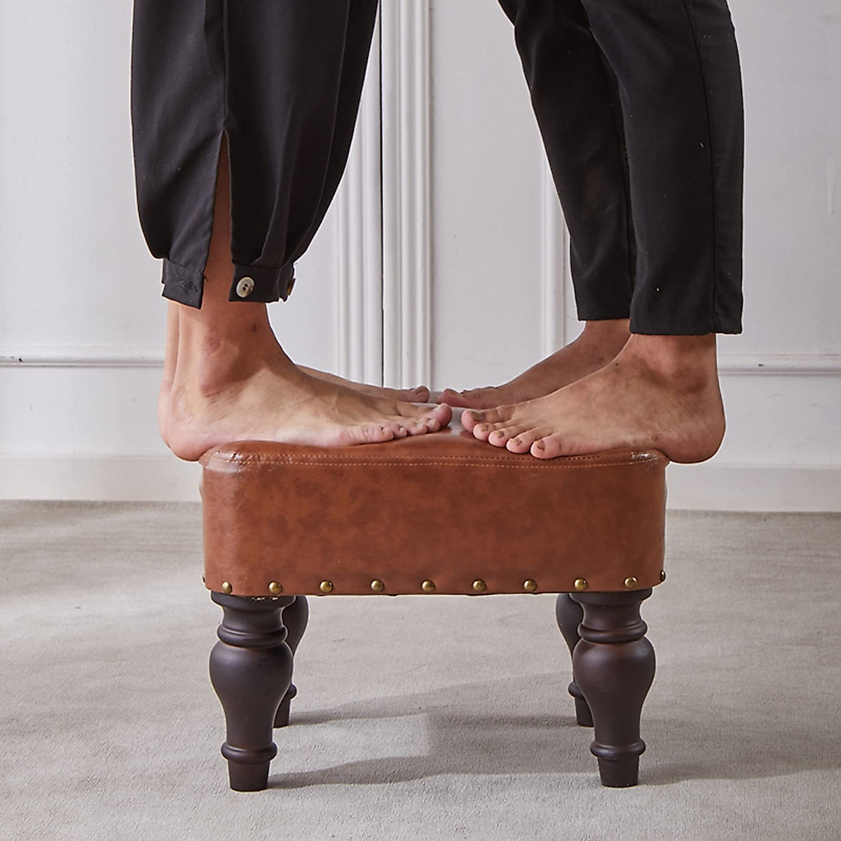 PU Leather Upholstered Rectangular Footstool with Solid Wood Legs, High Resilience Foam, Strong Load Capacity, Living Room, Bedroom, Rest Seat, Sofa, Dining Room high Capacity