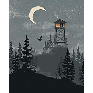 Forest Wilderness Art Print - 18 x 24 Nature Woods Trees Landscape Unframed Artwork Night Sky Lookout Tower Crescent Moon Outdoor Inspiration Poster Calming Peaceful National Park Decor