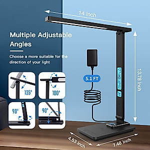 LED Desk Lamp with Wireless Charger: Desk Lamps USB Charging Ports for Home Office Bedroom - Touch Control with 5 Color Modes & Brightness Dimmable, 2 Night Lights, Eye-Caring for Reading(Black)