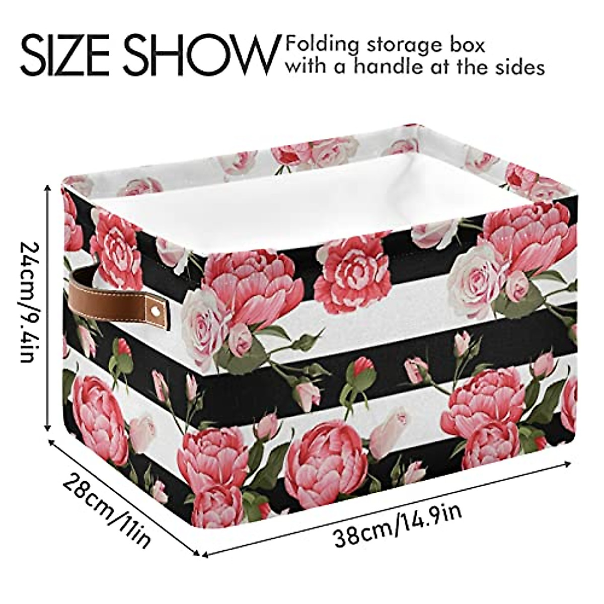Oyihfvs Floral Peony and Roses Flowers On Black White Stripes Square Shelves Storage Basket Bin, Waterproof Laundry Hamper Bucket, Baby Nursery Organizer with Handles for Toys Clothes Room Closets