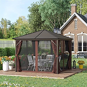 UXZDX 10'x10' Metal Roof Gazebo Canopy with Curtains&Netting, Outdoor Hardtop Gazebo with Aluminum Frame for Garden, Patio