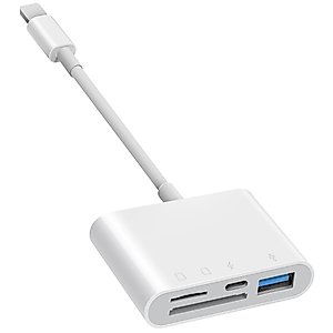 SD Card Reader for iPhone iPad, 4 in 1 Micro SD/SD Card Reader to iPhone Adapter, SD Card Viewer with TF/SD Dual Slot, Portable Camera Memory Card Reader for iPhone with Charging Port, Plug and Play