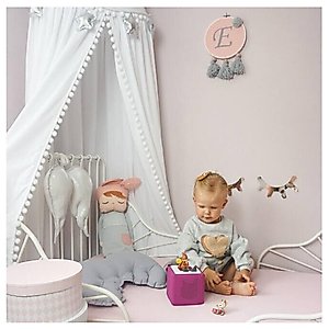LOAOL Kids Bed Canopy with Pom Pom Cotton Canopy for Crib Baby Girl Netting Cover Canopy Crib Curtain Reading Nook Hanging Tent Nursery Play Game Castle House Decoration (White Pompom)