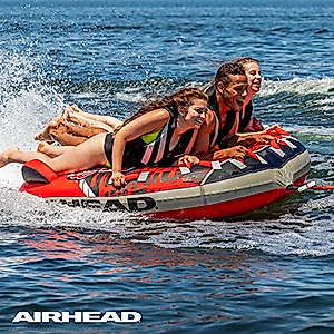 AirHead G-Force 3 Towable 1-3 Rider Tube for Boating and Water Sports, Heavy Duty Full Nylon Cover with Zipper, EVA Foam Pads, and Patented Speed Safety Valve for Easy Inflating & Deflating,Red