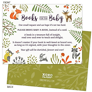Woodland Baby Shower Book Request Cards with Owl and Forest Animals. Pack of 50. Gender-Neutral, Unisex Design Suitable for Boy or Girl.