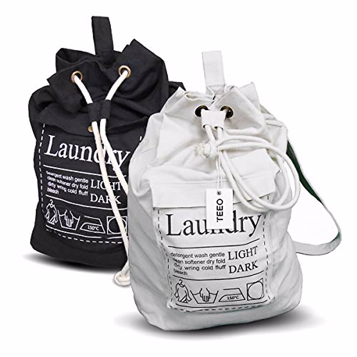 Teeo - College Laundry Bag - Dorm Room Essentials for College Students - Laundry Bag for Travel - Dirty Clothes Bag - Backpack Large 25”X20” Drawstring 100% Sturdy Cotton Canvas (1, Black/White)