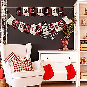 O-heart Merry Christmas Banner, Burlap Stockings Plaid Christmas Decorations, Merry Christmas Sign for Mantel Fireplace Christmas Tree Farmhouse Hanging Decoration Christmas Door Decorations