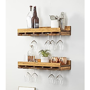 del Hutson Designs Rustic Luxe 24 Inch Farmhouse Solid Pine Wood Wall Mount Wine Bottle Stemware Rack Display Shelf, Set of 2, Walnut