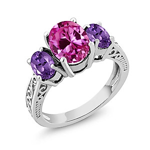 Gem Stone King 925 Sterling Silver Pink Created Sapphire and Purple Amethyst 3-Stone Ring For Women (3.30 Cttw, Gemstone Birthstone, Available In Size 5, 6, 7, 8, 9)