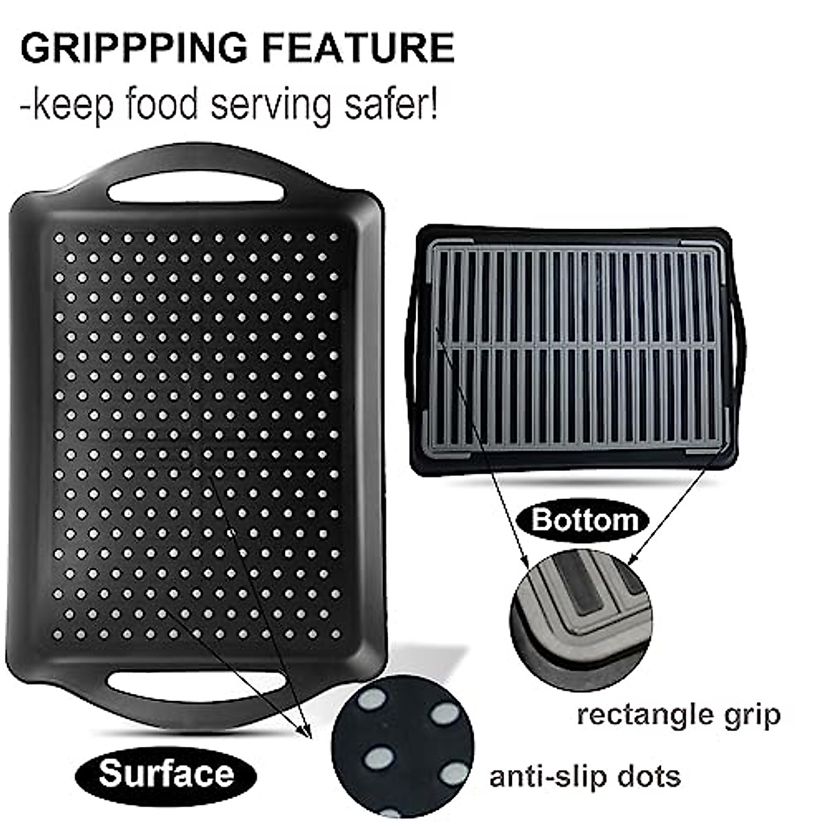 ECOIOU Non Slip Food Serving Tray with Handles, 2-Pack Rectangle Anti-Slip Non-Toxic Dishwasher Safe Tray for Snack Fruit Dessert Breakfast Drink (Black)