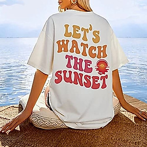 MISSACTIVER Women Summer Sun Letter Graphic Print T Shirt Oversized Crewneck Short Sleeve Drop Shoulder Tee Blouse Tops(Large,White)