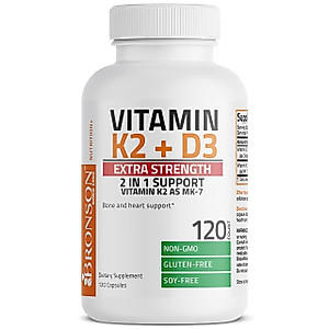 Bronson Vitamin K2 (MK7) with D3 Extra Strength Supplement Bone and Heart Health Non-GMO Formula 10,000 IU Vitamin D3 & 120 mcg Vitamin K2 MK-7 Easy to Swallow Vitamin D & K, 120 Capsules