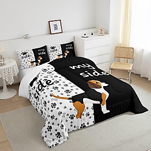 Lovely Dog Paw Comforter Set Full,Cute Puppy Bones Bedding Set Black and White Animal Theme Down Comforter Ultra Warm Dog Side My Side Quilted Duvet for Kids Boys Girls Couple with 2 Pillow Shams