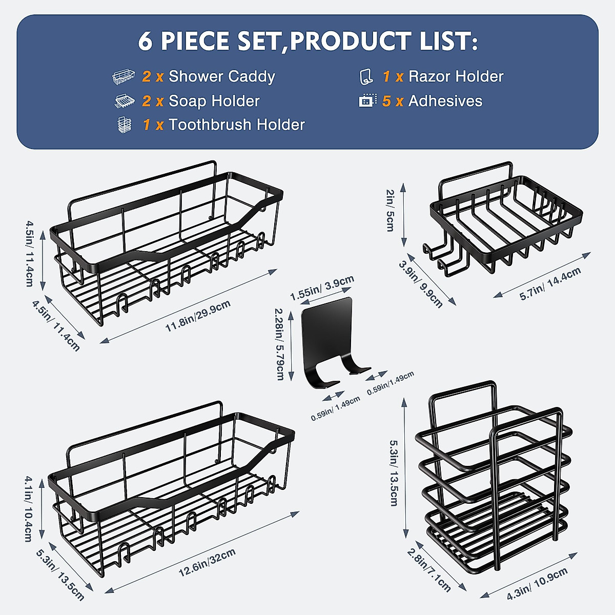 Hometu Adhesive Shower Caddy,6 Pack Rustproof Stainless Steel Bath Organizers With Large Capacity,Suction Cup Versatile Hanging Shelf,No-Drilling Bathroom Shower Organizer,Heavy Duty Shower Holder