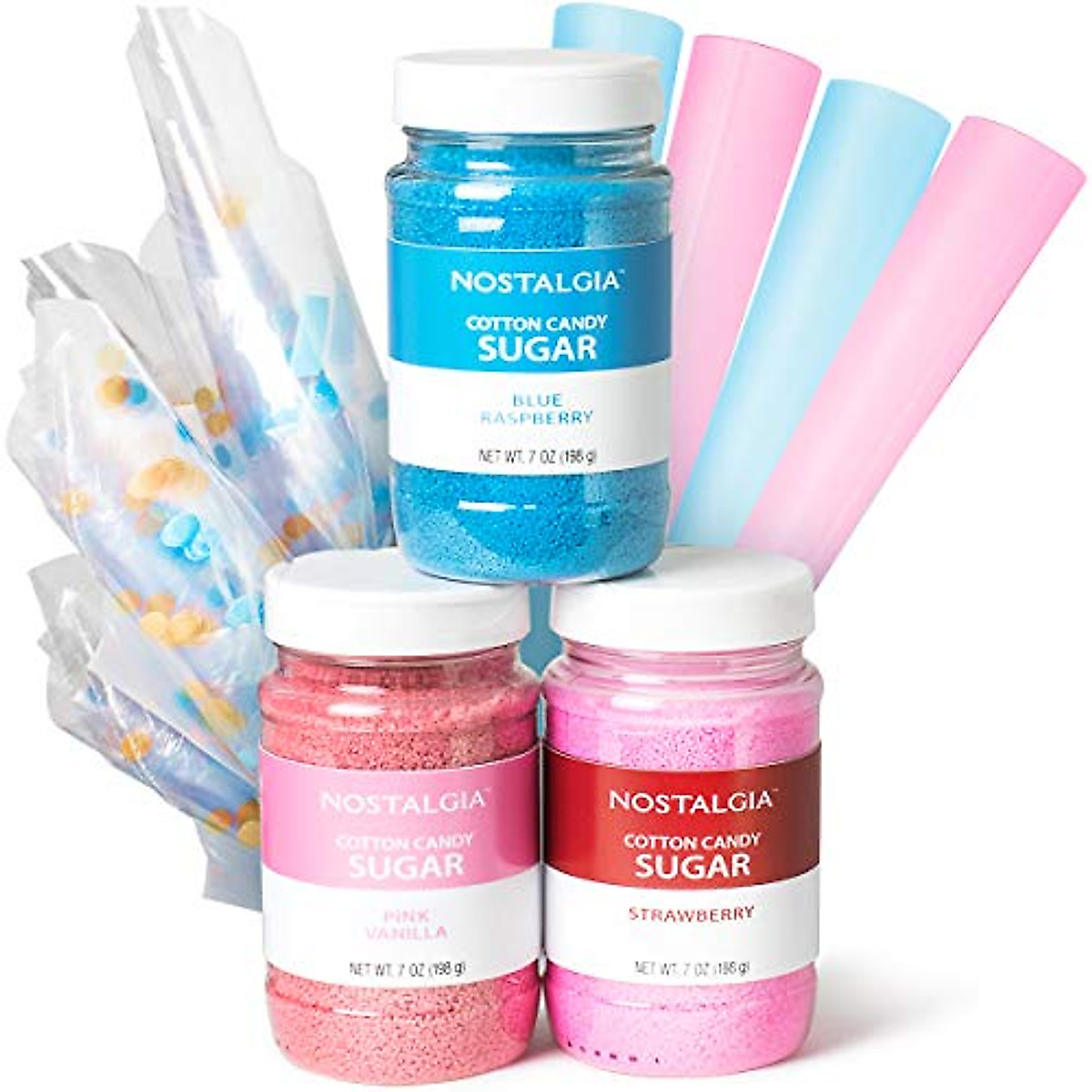 Nostalgia Cotton Candy Party Kit, 3 Flavors, 4 Reusable Cones, 10 Floss Bags