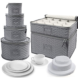 LotFancy China Storage Containers - Quilted 6-Piece Set Storage Box- Stores Chinaware, Stemware, Dinnerware, Dish Storage Service for 12, 48 Pcs Felt Protectors, Cardboard Dividers Included
