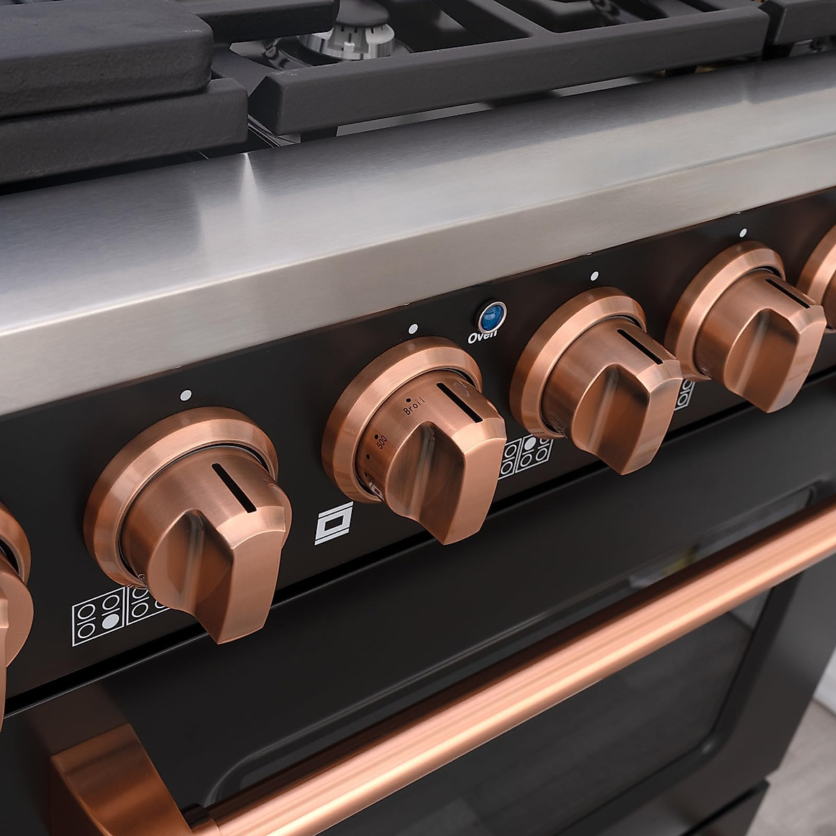 Akicon 48" Slide-in Freestanding Professional Style Gas Range with 6.7 Cu. Ft. Oven, 8 Burners, Convection Fan, Cast Iron Grates, & Blue Porcelain Oven Interior, In Black with Copper