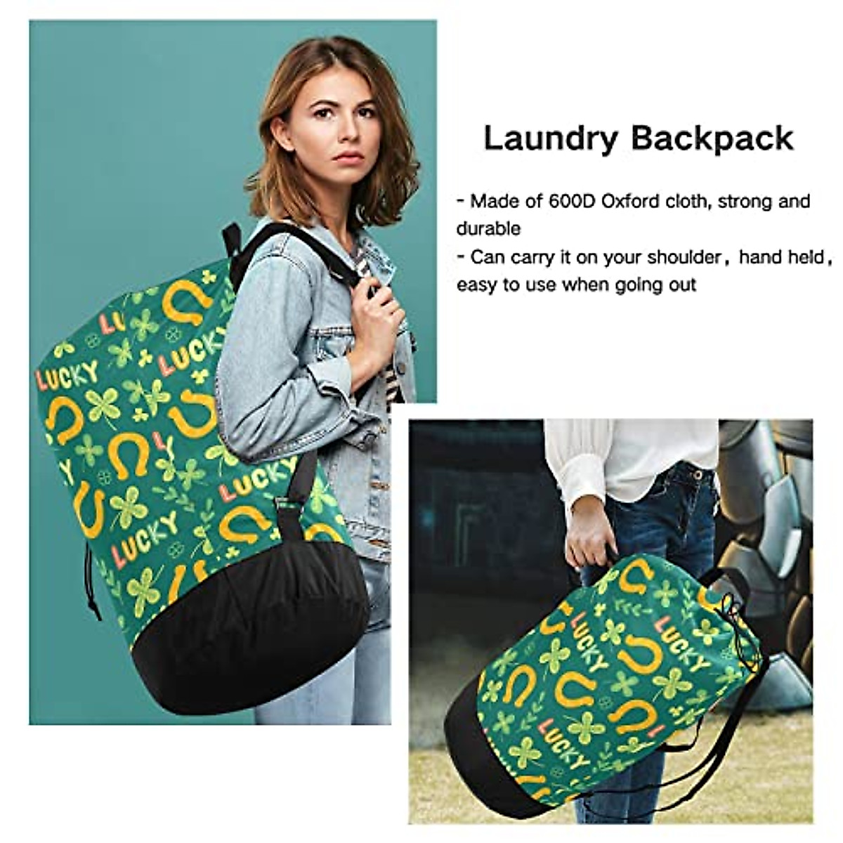 Oyihfvs St Patrick's Day Clover, Branch, Horseshoe, Letters and Quatrefoil Backpack Laundry Bag, Laundry Backpack with Shoulder Straps, Waterproof Nylon Clothes Hamper Bag for Men Women Yoga Backpack