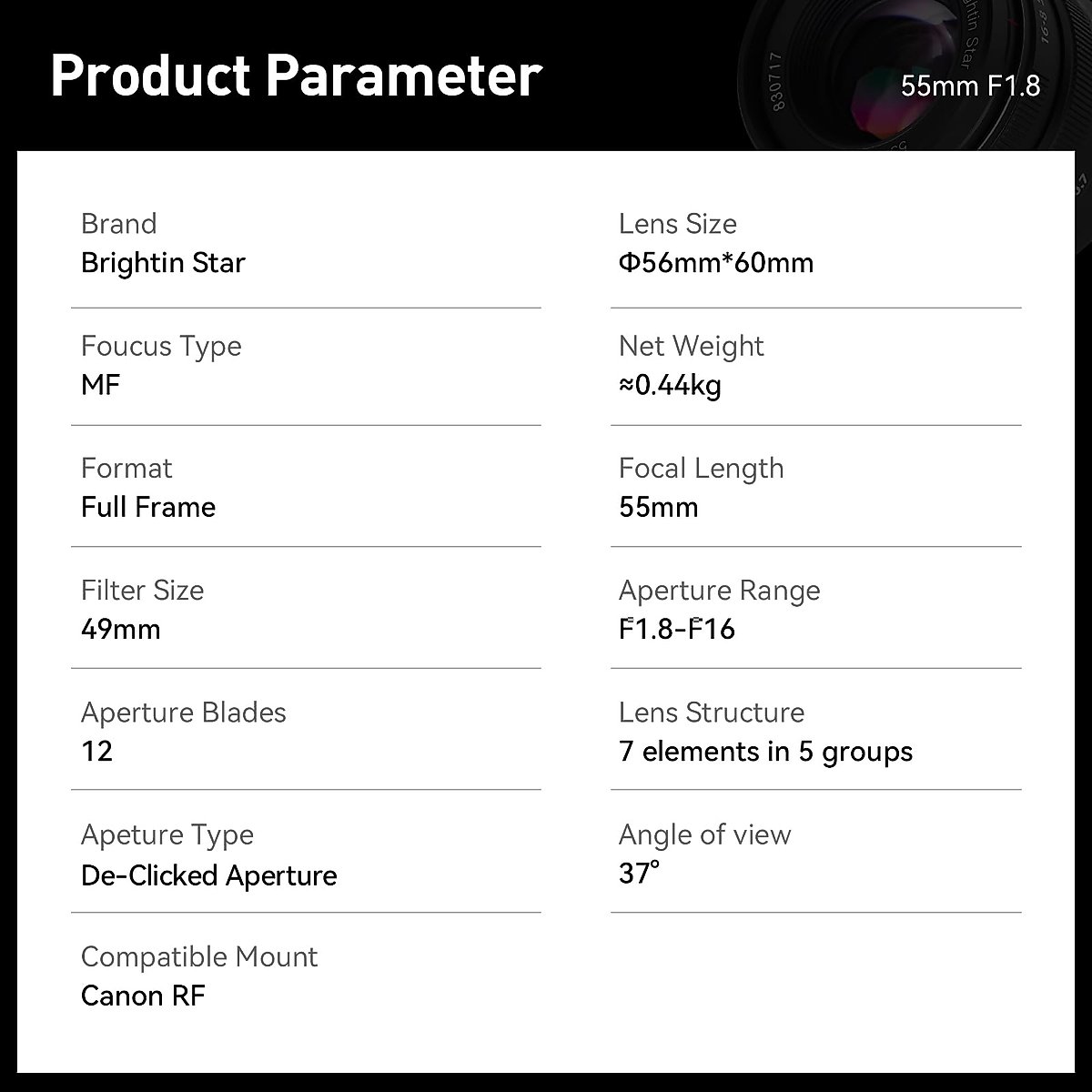 Brightin Star 55mm F1.8 Full Frame Manual Focus MF Large Aperture Prime Standard Fixed Focal Lens, Fit for Canon RF-Mount EOS-RP, EOS-R, EOS-R5, EOS R7, EOS-R6, EOS-R3, EOS-R10