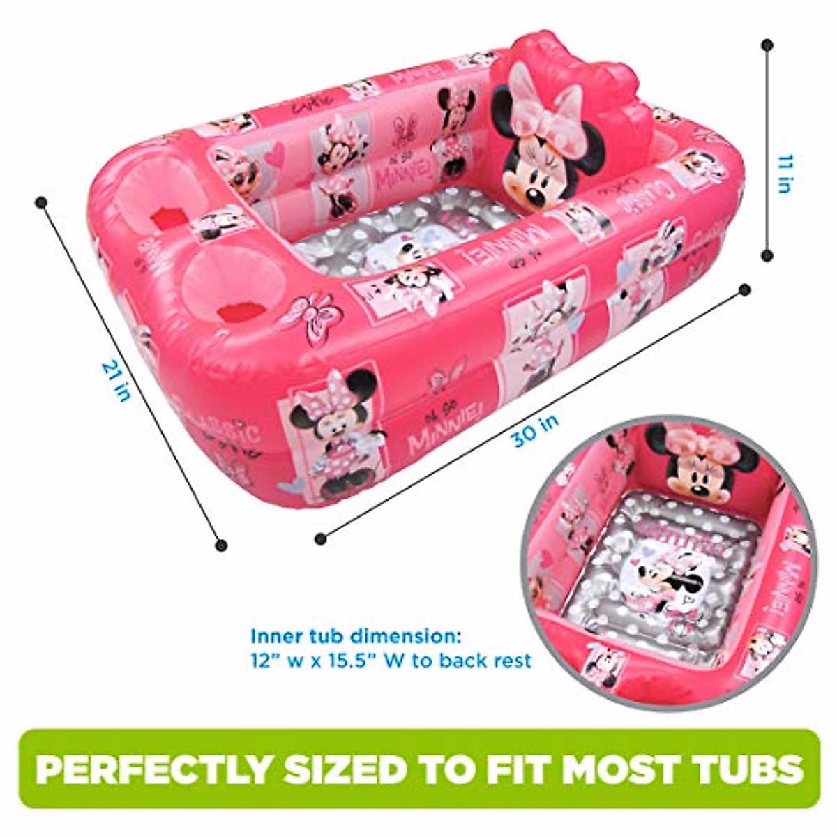 Disney Minnie Mouse Air-Filled Cushion Bath Tub - Free-Standing, Blow up, Portable, Inflatable, Safe Bathing, Baby Bathtub, Toddler Bathtub