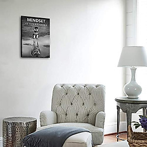 Modern Motivational Wall Art Decor for Bedroom Canvas Wall Art Mindset is Everything Inspirational Wall Art for Office Wolf Motto Artwork Wall Decor Black and White Wall Art Canvas Framed 12x16inch