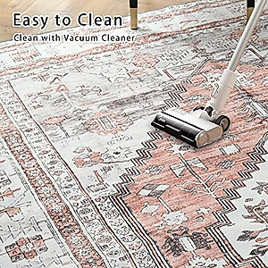 OIGAE Machine Washable Rug 5' x 7', Ultra-Thin Vintage Bohemian Medallion Area Rug, Stain Resistant Non-Slip Backing Rugs for Living Room Bedroom, Red