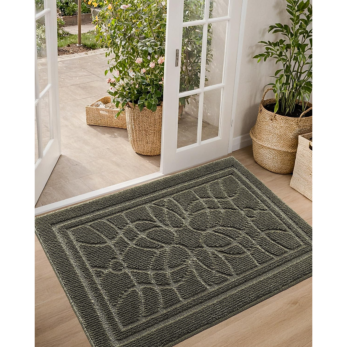 DEXI Front Door Mat for Home Entrance, 24x36 Non-Slip Absorbent Floor Mats Low-Profile Washable Doormat for Entryway, Garage, Patio, Green