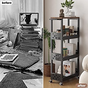 COVAODQ Slim Storage Cart with Handle 4 Tier,Slide Out Storage Rolling Utility Cart Mobile Shelving Unit Organizer Trolley for Small Spaces Kitchen Narrow Places, Black