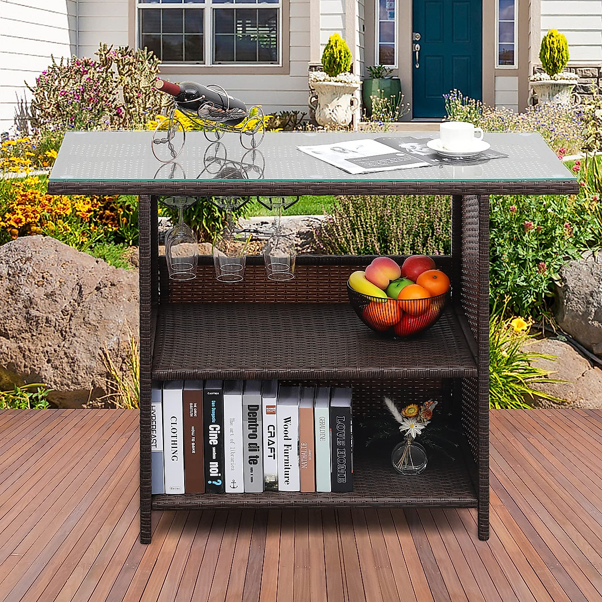 Valita Outdoor PE Wicker Bar Counter Glass Top Table with 2 Steel Shelves Design and 3 Set of Rails Patio Brown Rattan Furniture
